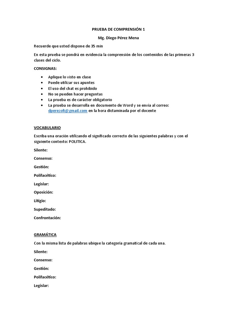 Prueba de Comprensión: Contenidos Iniciales | PDF | Artes del Lenguaje ...
