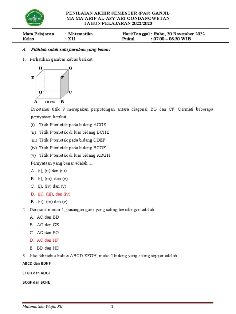 Soal MTK Xii Pas Ma 22-23 | PDF | Metode & Bahan Ajar