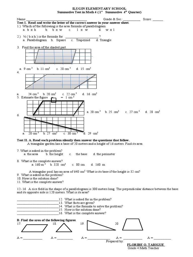 ILUGIN ELEMENTARY SCHOOL Summative Test in Math 4 | PDF | Area | Volume