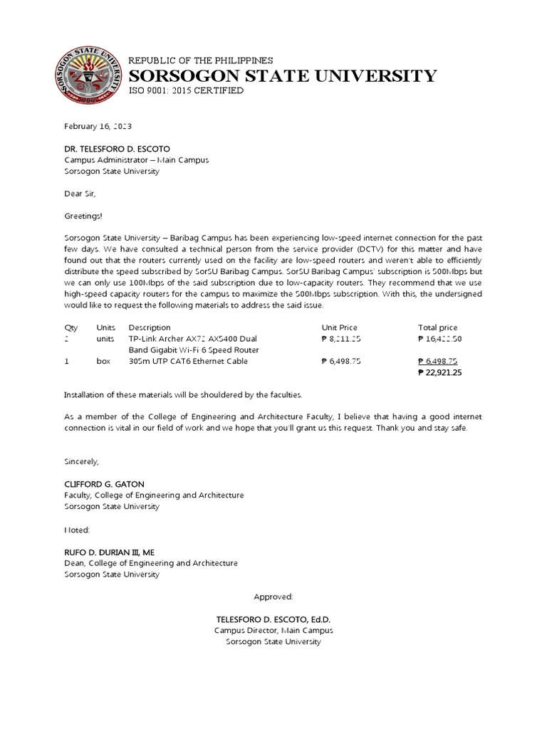 Request Letter - Routers For Internet | PDF