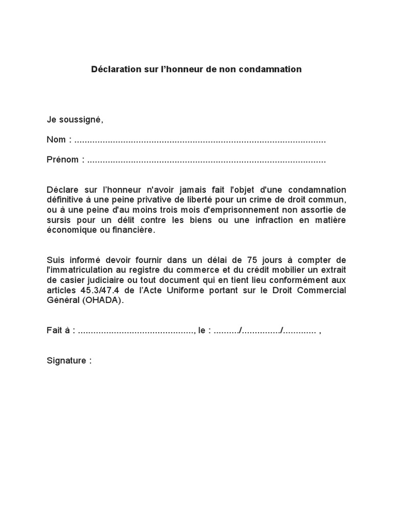 Declaration Sur L Honneur | PDF