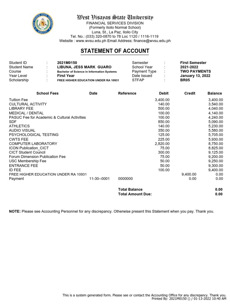 Statement PDF | PDF | Fee | Tuition Payments