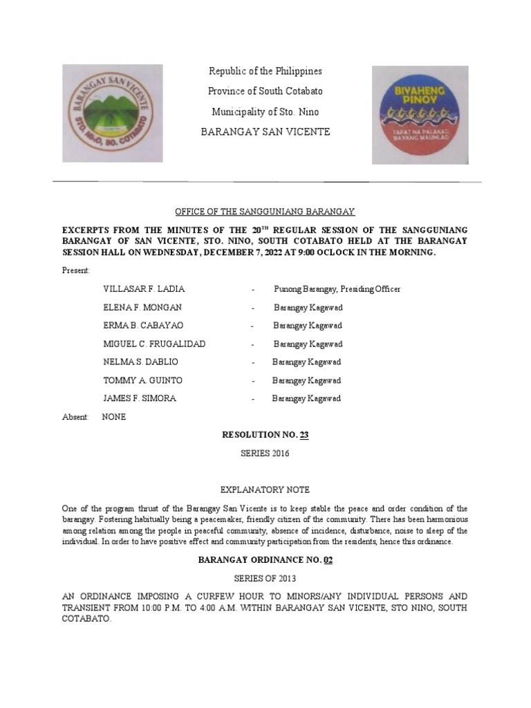Minutes of the 20th Regular Session of the Sangguniang Barangay of San ...