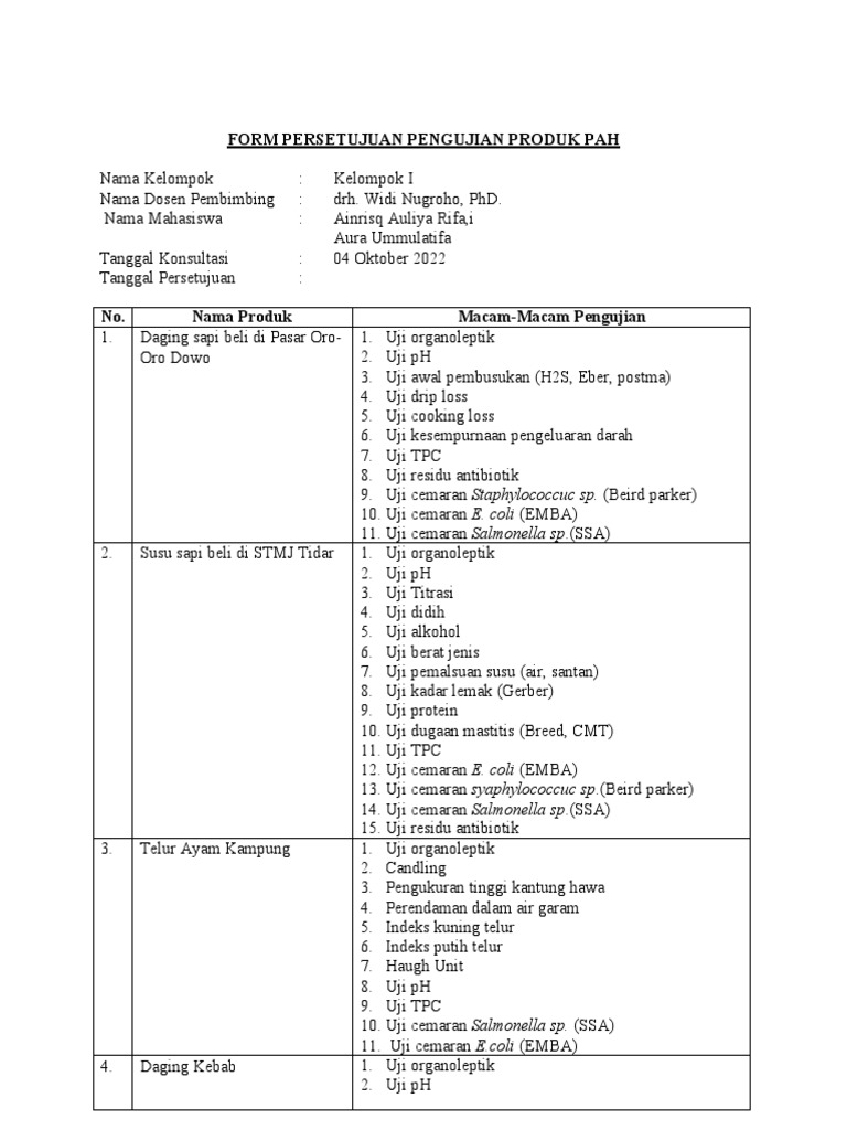 Form Uji Lab Kesmavet Kel 1shift A | PDF