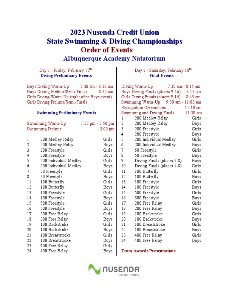 2023 State Swim-Dive Schedule | PDF | Swimming (Sport) | Water Sports