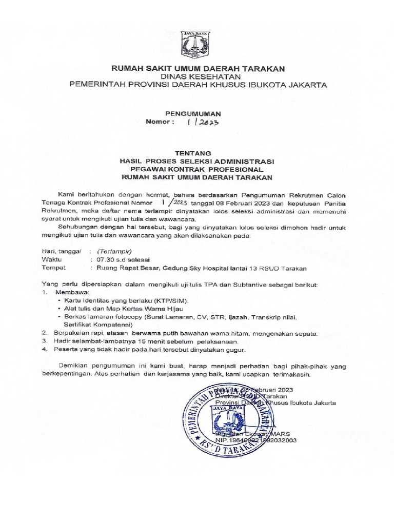 Jadwal Tes CPNS RSUD Tarakan 2023 | PDF
