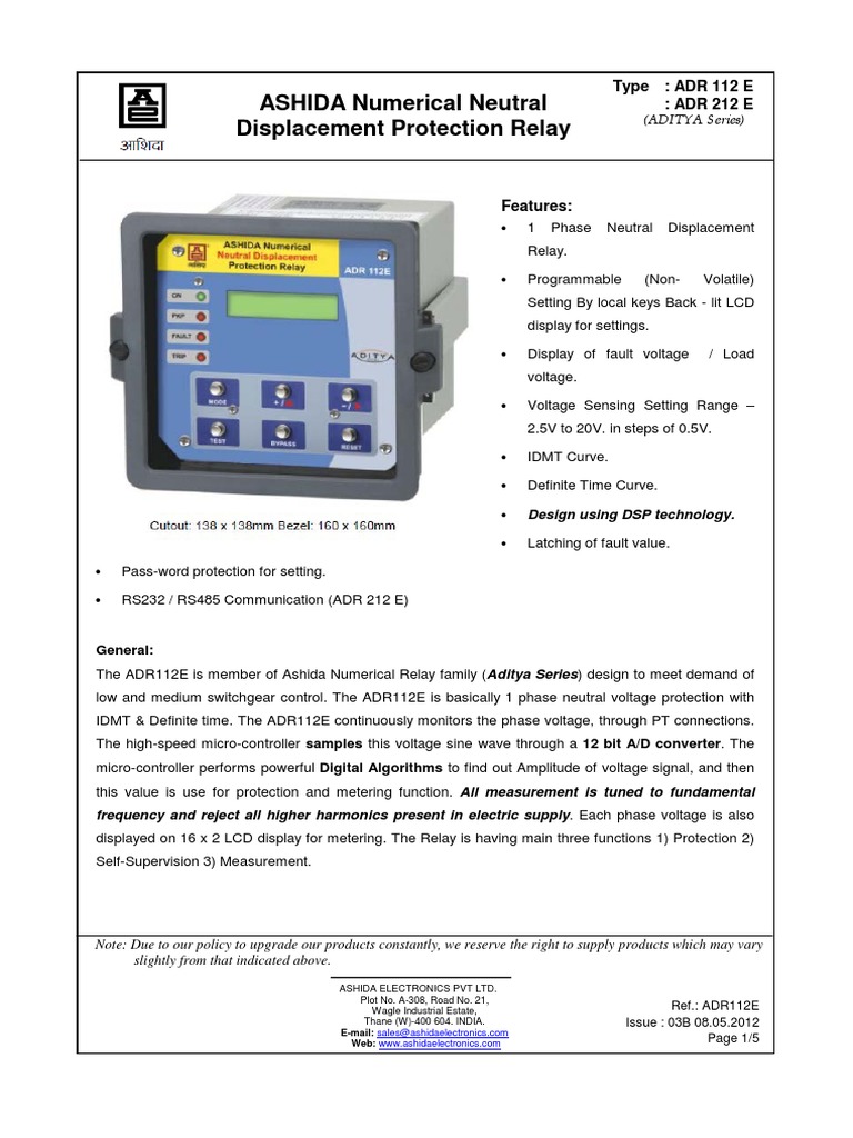 Ashida Adr112e Numerical Neutral Displacement Protection Relay | PDF ...