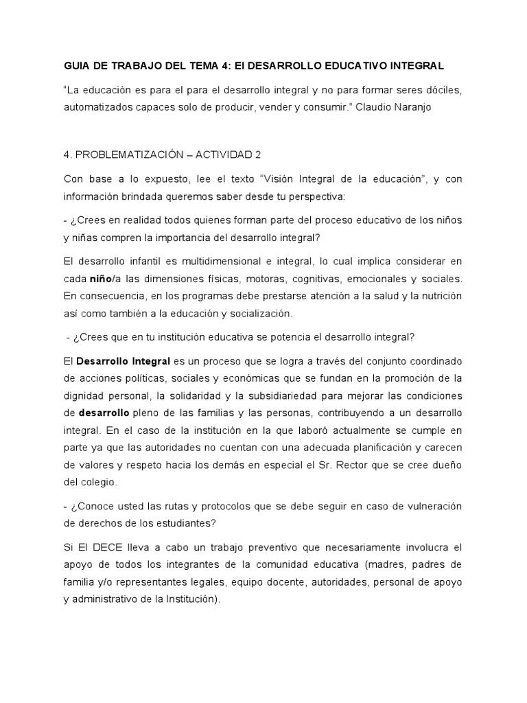 Guia de Trabajo Del Tema 4 Desarrollo Integral | PDF | Institución