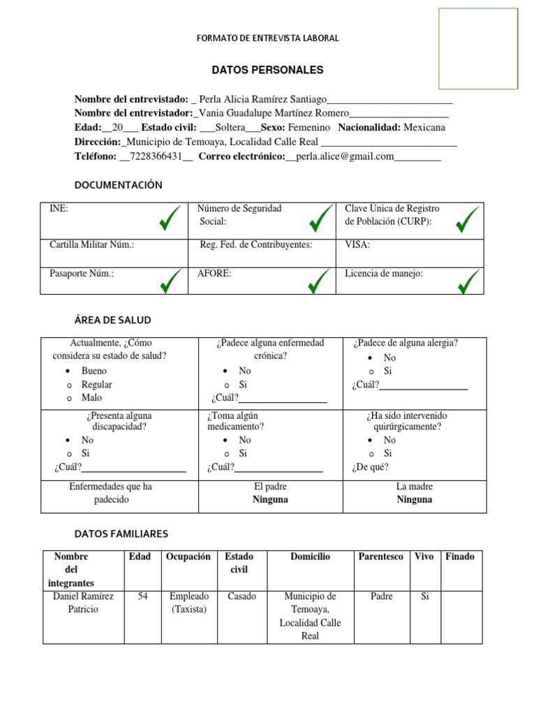 Formato de Entrevista Laboral Cosmiatra (Datos Generales) | PDF