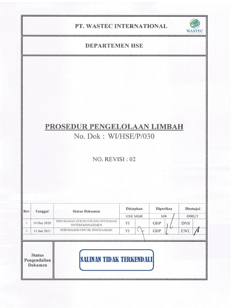 Wi Hse P 030 Prosedur Pengelolaan Limbah | PDF