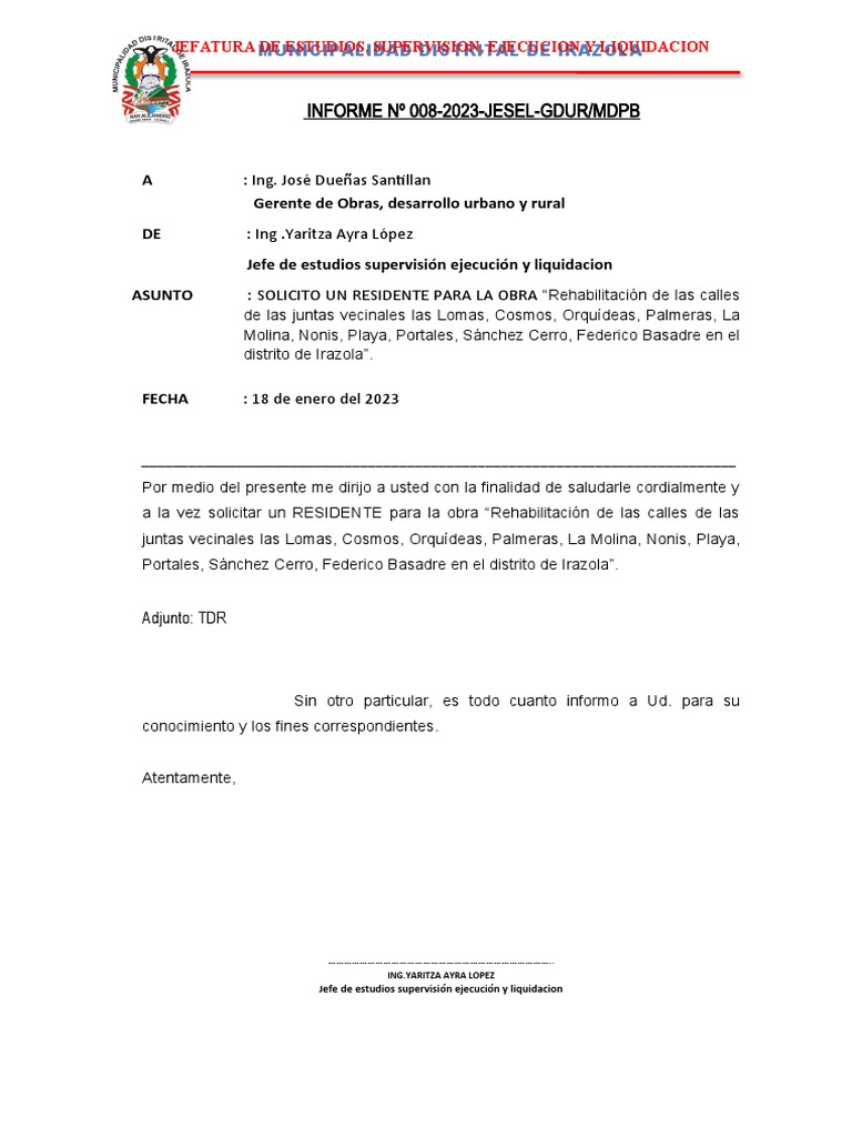 Informe N°008-2023-Solicitud Residente de Obra | PDF Informe N°008-2023-Solicitud Residente de Obra | PDF