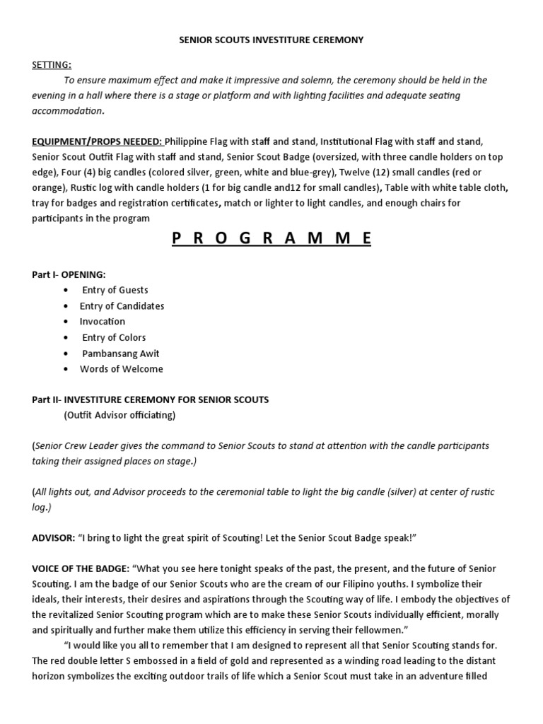 Senior Scouts Investiture Ceremony Guide | PDF | Scouting | Oath