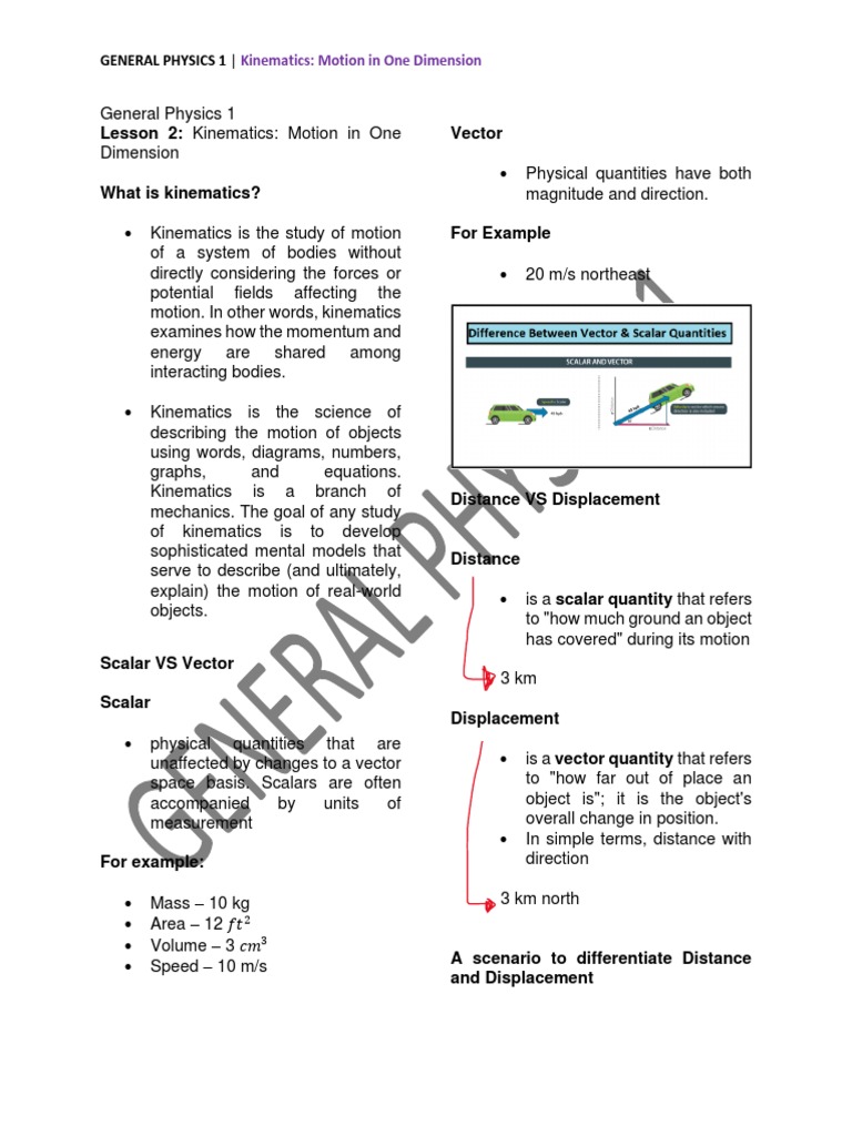 General Physics 1 Lecture Notes Kinematics Motion in One Dimension ...