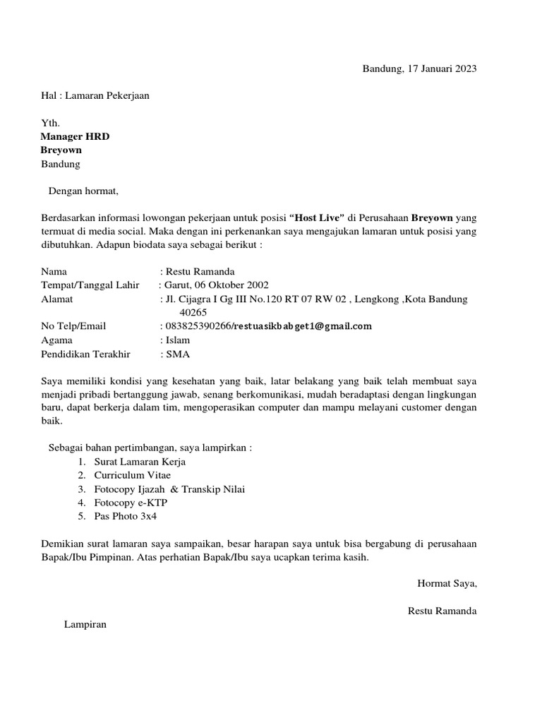 Surat Lamaran Pekerjaan Host Live | PDF