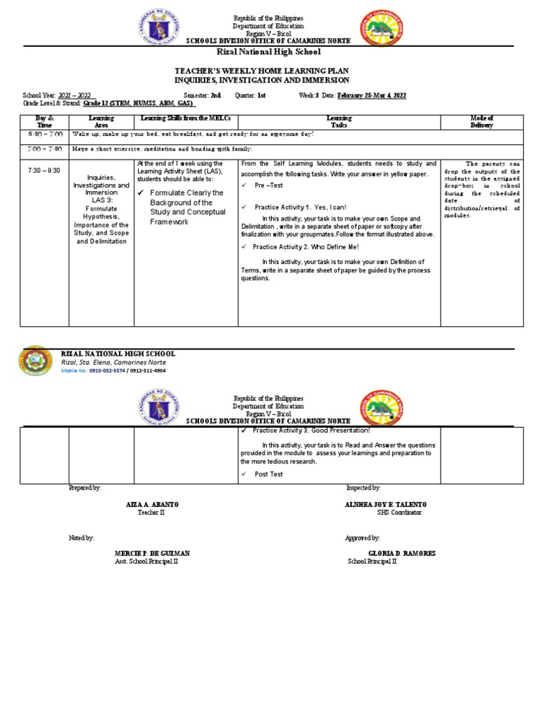 WEEKLY HOME LEARNING PLAN 3is, 3Rd Week | PDF | Teaching | Cognitive ...