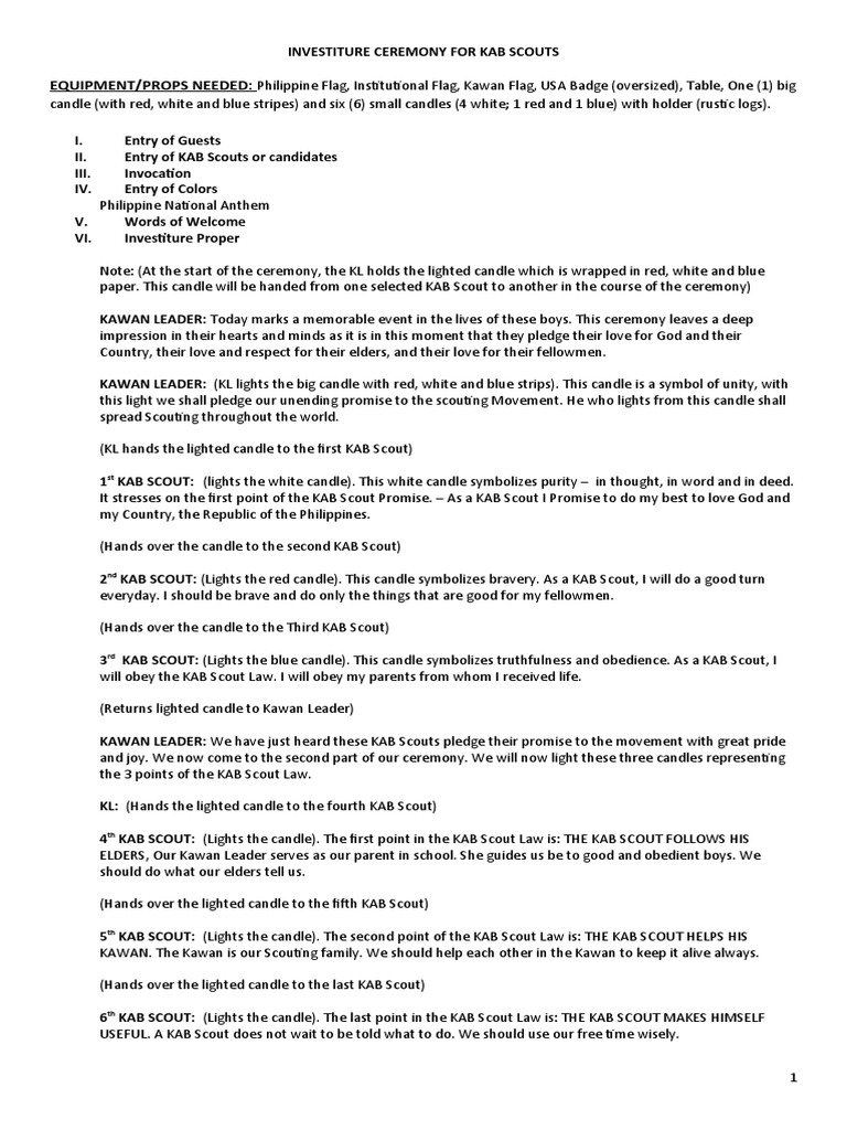 KAB Scouts Investiture Ceremony Guide | PDF | Scouting
