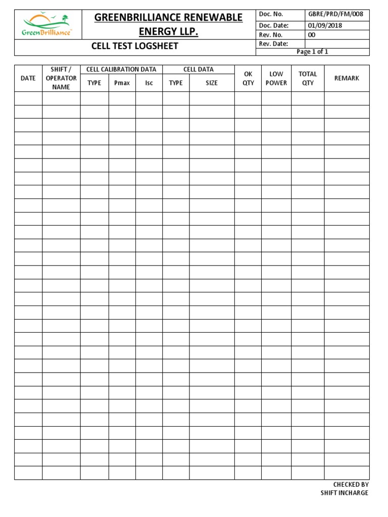 GBRE - PRD - FM - 008 - CELL TEST Logsheet | PDF