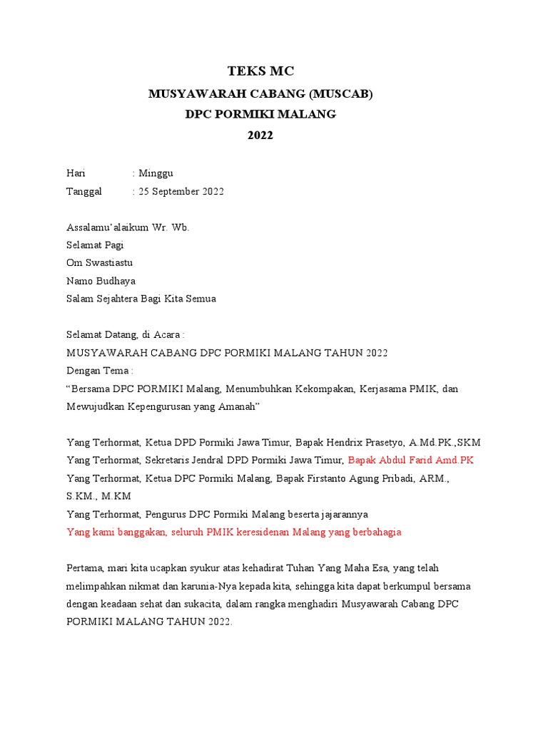 (Teks MC) Muscab DPC Pormiki Malang 2022 | PDF | Hukum