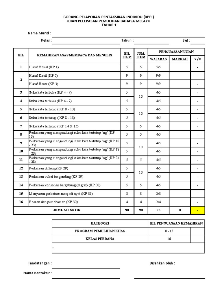 Borang BPPI IPPerak - Bahasa Melayu Tahap 1 | PDF