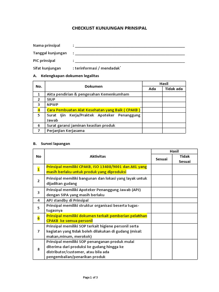 Checklist Kunjungan Prinsipal Review | PDF