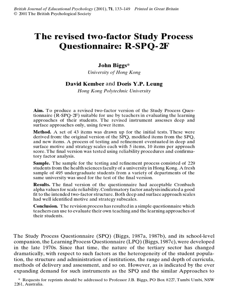 The Revised Two-Factor Study Process Questionnaire R-SPQ-2F | PDF ...