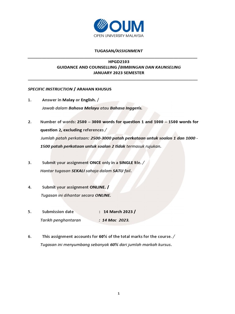 Tugasan/Assignment HPGD2103 Guidance and Counselling /bimbingan Dan Kaunseling January 2023 ...