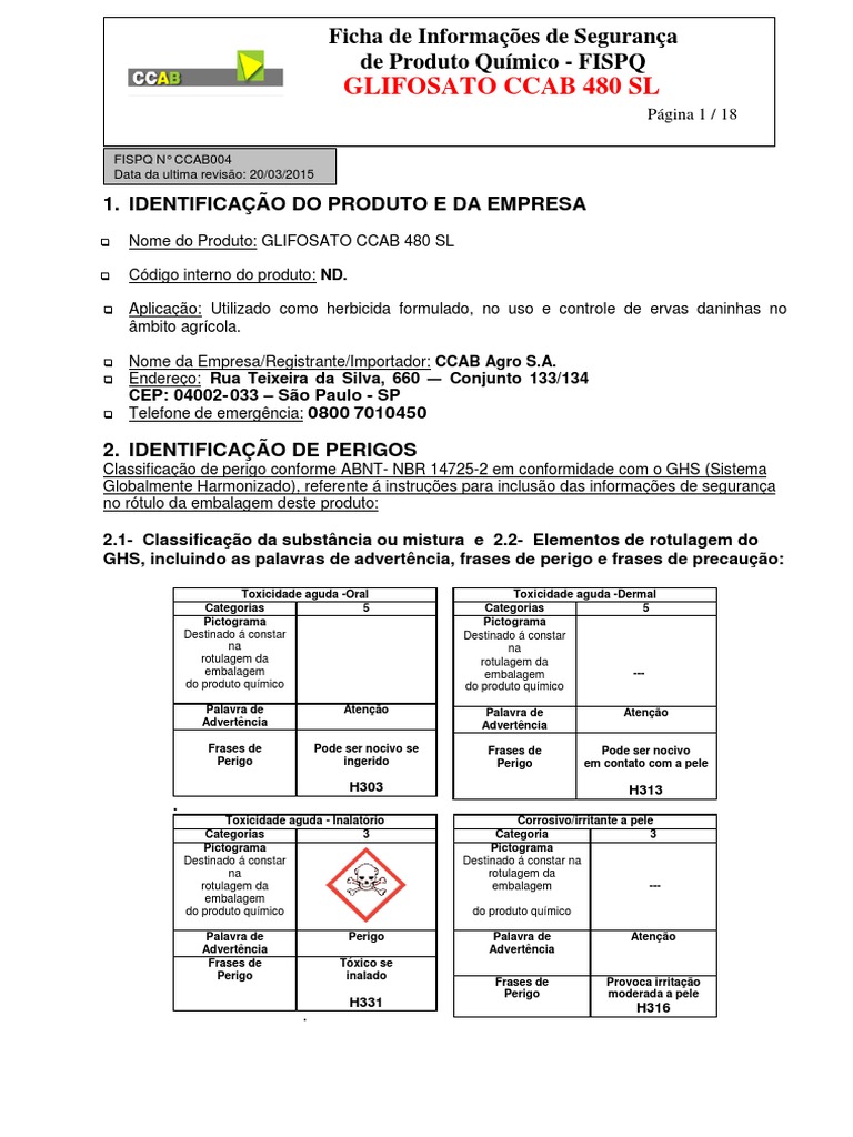FISPQ Glifosato CCAB 480 SL | PDF | Embalagem e rotulagem