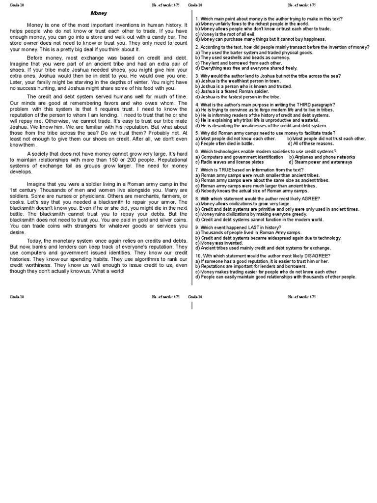 G10-Reading Test-Money | PDF | Money | Debt