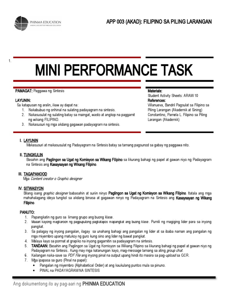 Unang Mini Performance Task | PDF