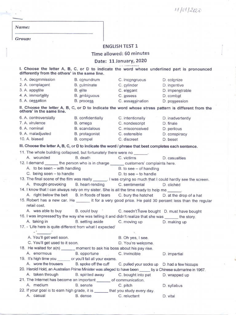 Progress Test 2 English Test 1 Pdf