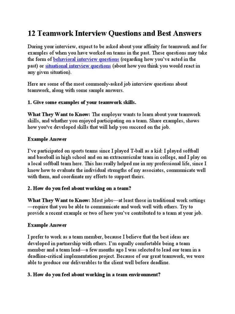 12 Teamwork Interview Questions and Best Answers | PDF | Expense ...
