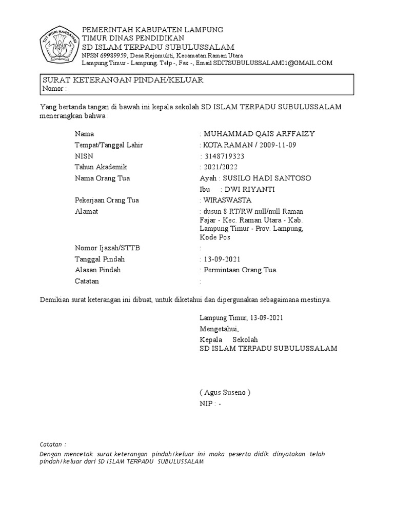 Surat Pindah Siswa Pdf