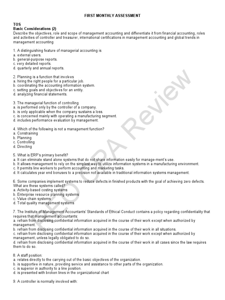 MAS 1st Monthly Assessment | PDF | Management Accounting | Accounting