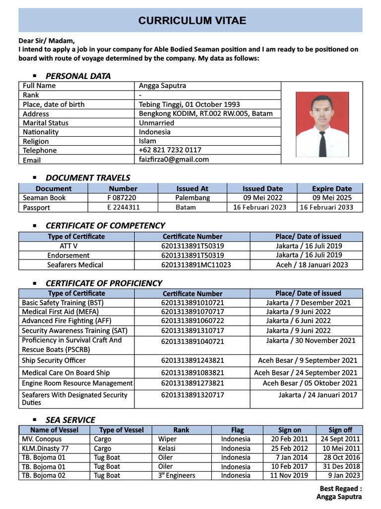CV Angga Saputra | PDF | Sailor | Shipping