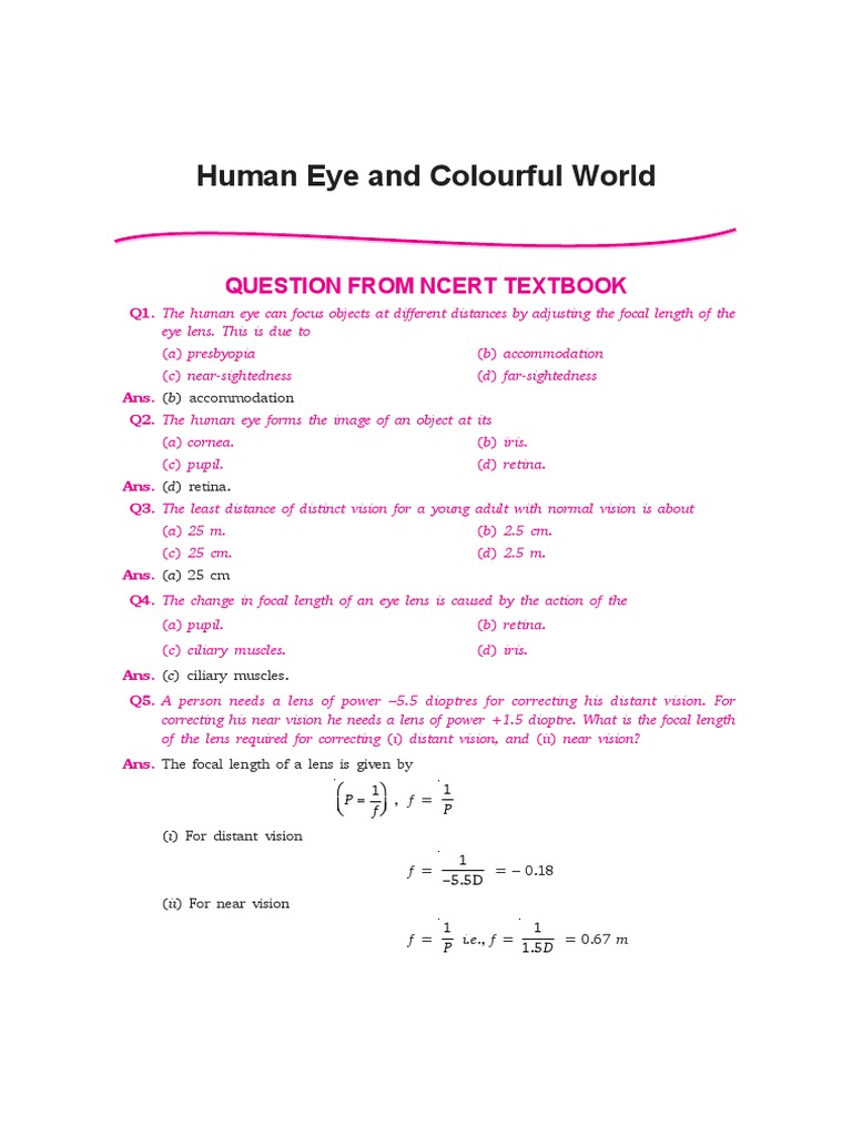 Human Eye and Colourful World: Question From Ncert Textbook | PDF | Eye ...