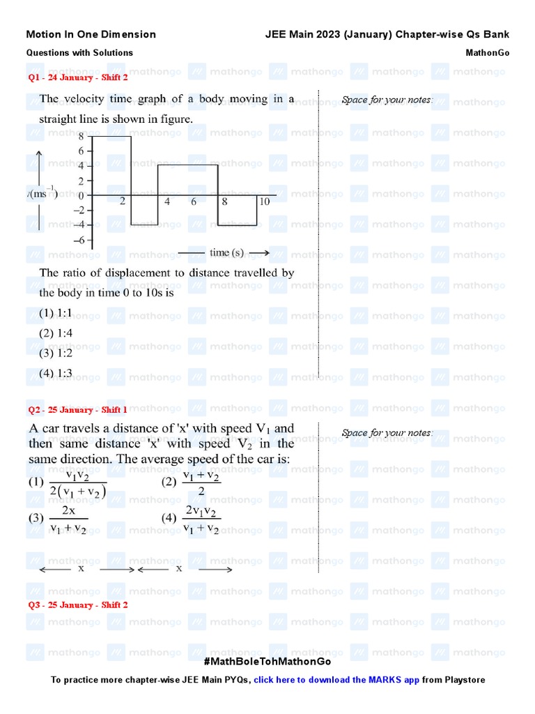 Motion in One Dimension - JEE Main 2023 JAN | PDF