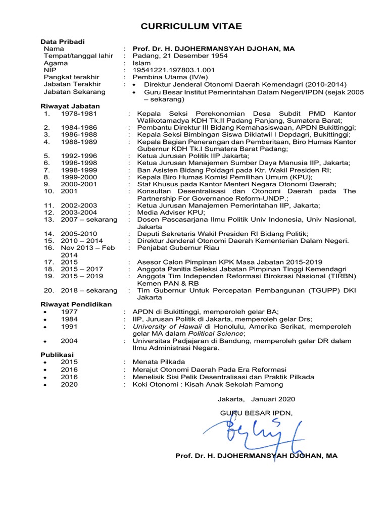 CV Prof Djohermansyah | PDF