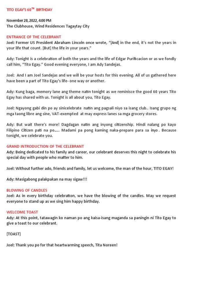 60th Birthday Hosting Scipt | PDF