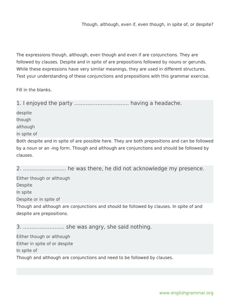 Though, Although, Even If, Even Though, in Spite Of, or Despite | PDF ...