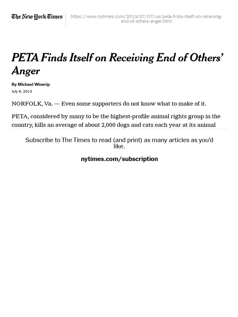 PETA Finds Itself On Receiving End of Others' Anger - The New York ...