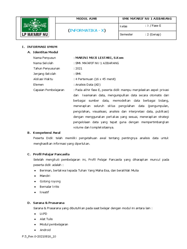 Modul Analisis Data SMK Kelas X | PDF | Karier & Perkembangan | Seni