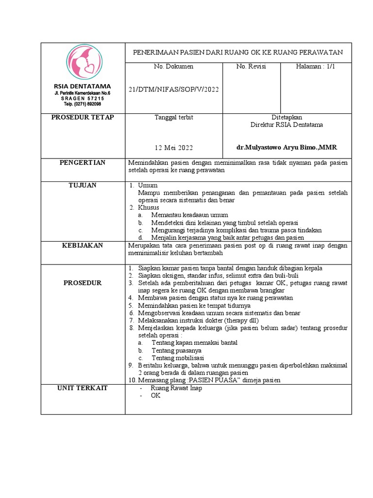 Sop Penerimaan Pasien Dari Ok Ke Ranap | PDF