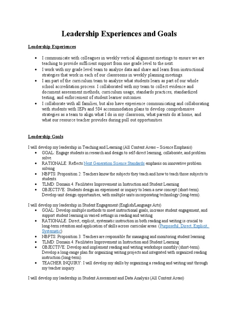 Leadership Experiences and Goals | PDF | Educational Assessment ...