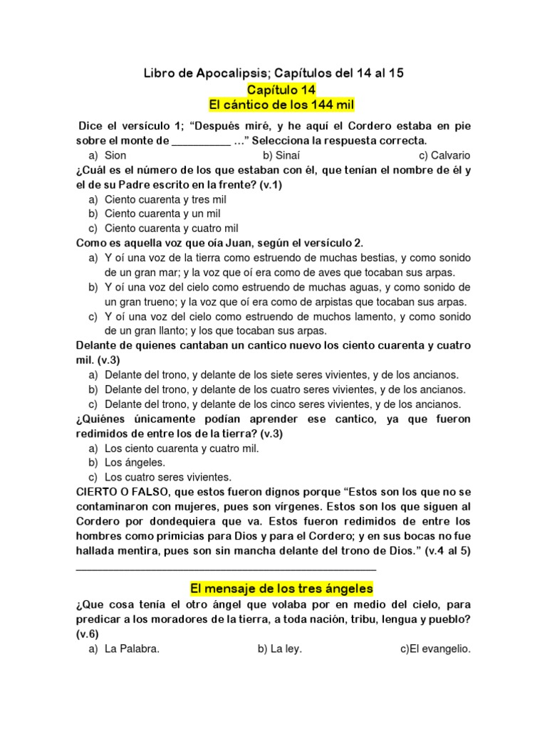 Cuestionario Libro De Apocalipsis Pdf Profecía Salvación