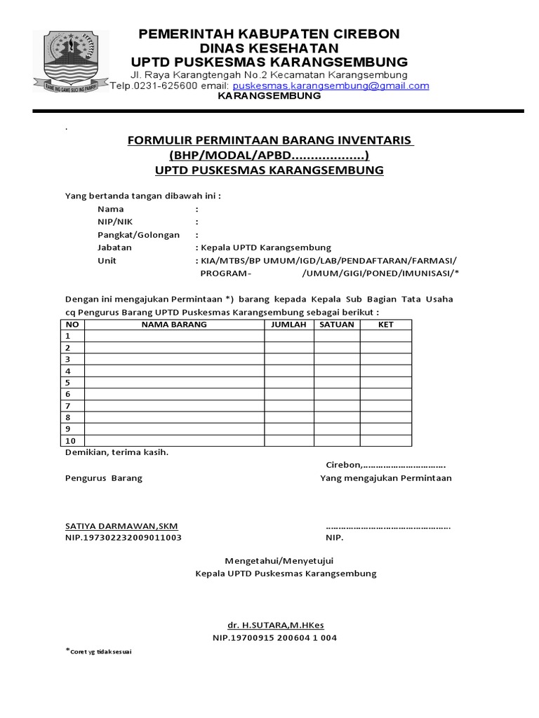 Formulir Permintaan Barang Inventaris (BHP Atau Modal) | PDF
