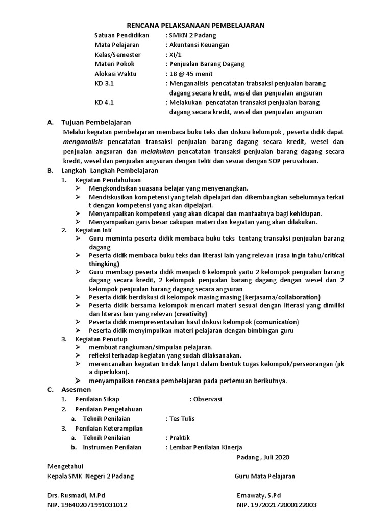 Contoh RPP Satu Lembar Akt | PDF