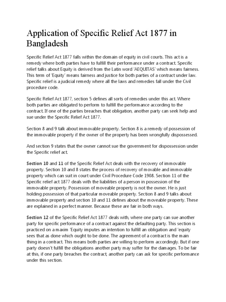 Specific Relief Act 1877: Bangladesh Application | PDF | Injunction | Breach Of Contract