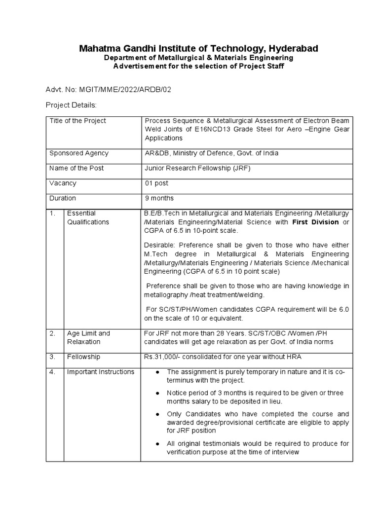 Advertisement and Application Form For The Selection of JRF Position in ...