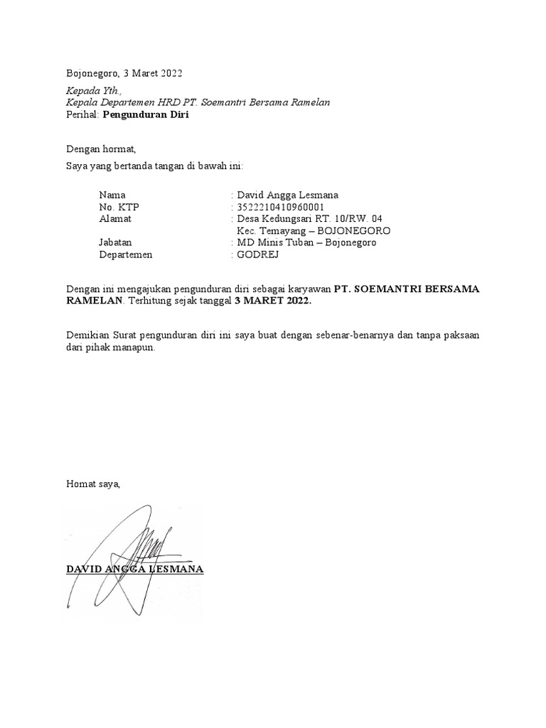 Form Pengunduran Diri DAVID ANGGA LESMANA | PDF