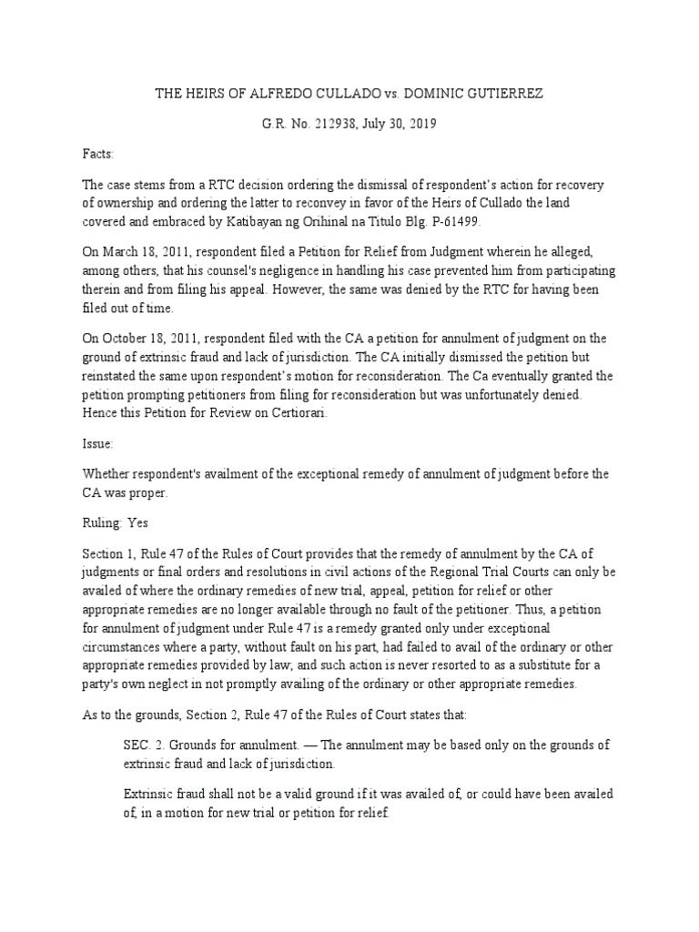 The Heirs of Alfredo Cullado vs. Dominic Gutierrez | PDF | Judgment (Law) | Annulment